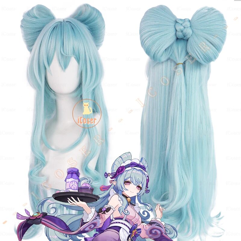 Genshin Impact Yumemizuki Mizuki Cosplay Perücke Blau Langhaar Bow ...
