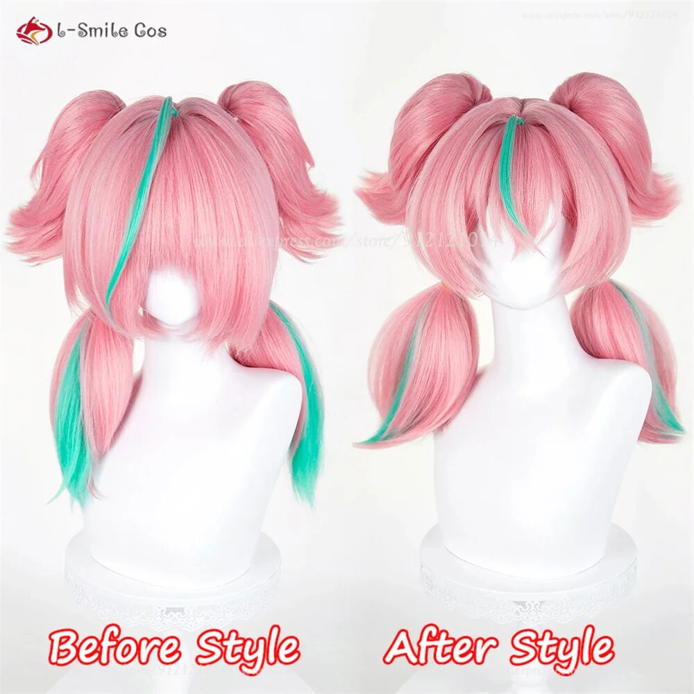 Aria Cosplay Perücke 52cm Pink Grün Volumenwelle Synthetik ...